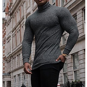 TURETRENDY Men's Stretch Muscle Tshirts Turtleneck Long Sleeve Knit Tees Casual Slim Fit Basic Shirt Tops Dark Gray M