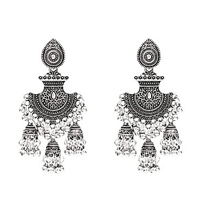 4 Pair Traditional Vintage Retro Antique Silver Gold Boho Bohemian Jewelry Ethnic Tribal Gypsy Engraved Hook Drop Dangle Jhumka Bells Tassel Earrings for Women -Style 1
