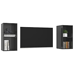 Homvdxl Floating TV Stand Set, 2PCS Wall Mounted Entertainment Center with Storage Cabinet 28.3" Modern TV Media Console Living Room Sideboard Cupboard Unit, Grey High Gloss