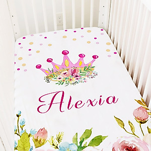 Munific Personalized Girl Crown Baby Crib Sheet with Name, Custom Crib Mattress Sheets for Baby Girls, Fitted Crib Bedding Sheets, Pack and Play Sheets, Mini Crib Sheet | Name Crib Sheets