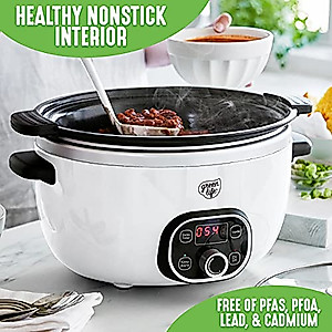 GreenLife Cook Duo Healthy Ceramic Nonstick 6QT Slow Cooker, PFAS-Free, Digital Timer, Dishwasher Safe Parts, White
