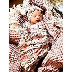 Newborn Baby Swaddle Blankets Headband Sets, Swaddle Sack, Receiving Blankets Infant Baby Gifts (Pink Flower, 0-3 Months)