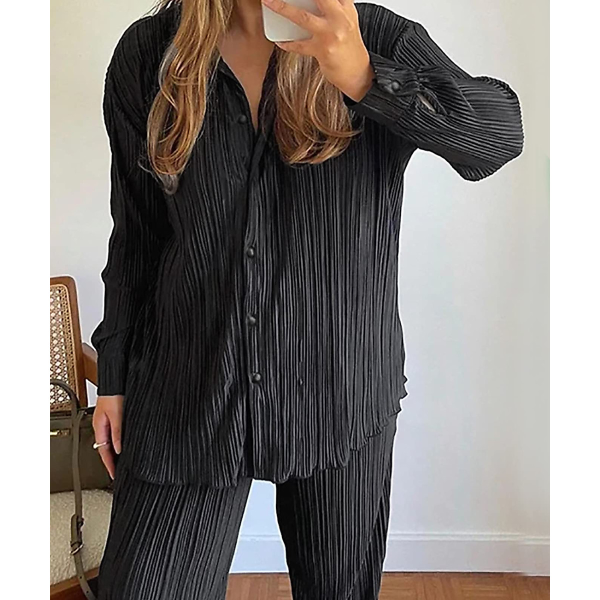 KOLAOYEP 2 Piece Outfits for Women Wide Leg Pants Sets Casual Long Sleeve Button Down Shirt Solid Streetwear Suits