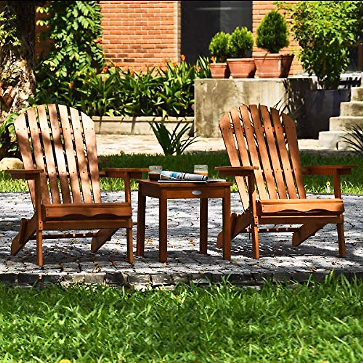 ReunionG 3Pcs Adirondack Chair and Table Set, Outdoor Wooden Lounger Chairs Set w/Widened Armrest, Eucalyptus Frame, Natural Finish, Foldable Chatting Furniture Set for Indoor, Patio and Garden