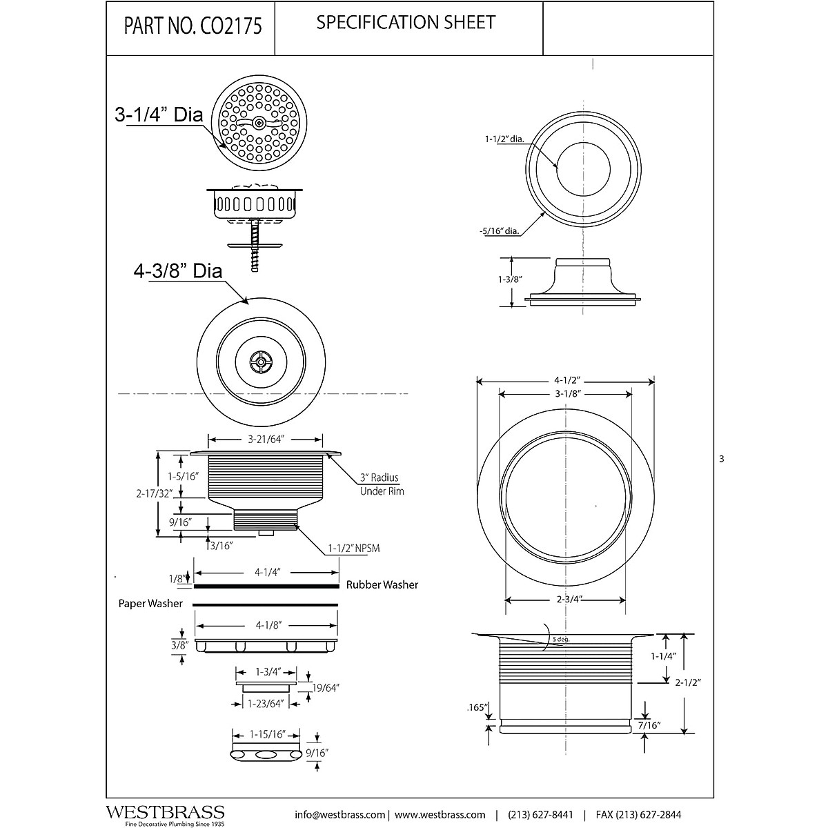 Westbrass CO2175-50 Combo Pack 3-1/2" Wing Nut Twist Style Large Kitchen Sink Basket Strainer and Waste Disposal Drain Flange with Stopper, Powder Coat Whte