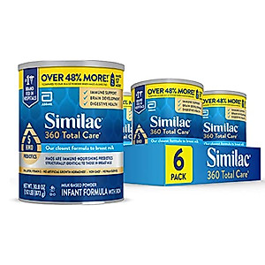 Similac 360 Total Care Infant Formula, with 5 HMO Prebiotics, Our Closest Formula to Breast Milk, Non-GMO, Baby Formula Powder, 30.8-oz Can (Case of 6)