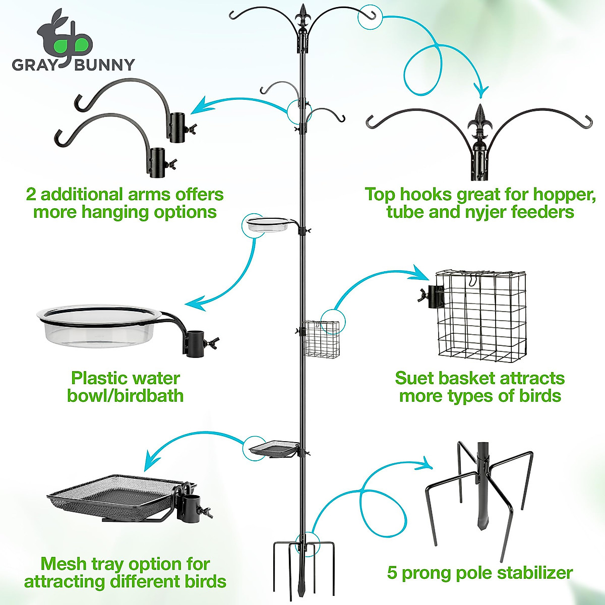 4 Hooks Bird Feeder Pole, 91 Inches Tall Bird Feeder Poles for Outdoors Heavy Duty, Multi Bird Feeder Stand with Bird Bath, Mesh Tray & Suet Cage, 5 Prong Base Bird Feeding Station for Outside