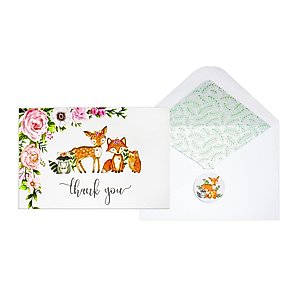 50 Pack Watercolor Girl Woodland Greenery Thank You Cards, Cute Thank You Notes with Envelopes & Stickers, Baby Shower, Birthday any Occasion Large Size 4x6 Animal Fox Raccoon Deer Owl Gratitude For Party, Children Stationery