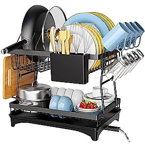 PKBD Rustproof Dish Drying Rack, 2 Tier Dish Rack with Drainboard, Cup Holder, Detachable Dish Drainer Organize Shelf with Utensil Holder Set, Large Dish Racks for Kitchen Counter, Black