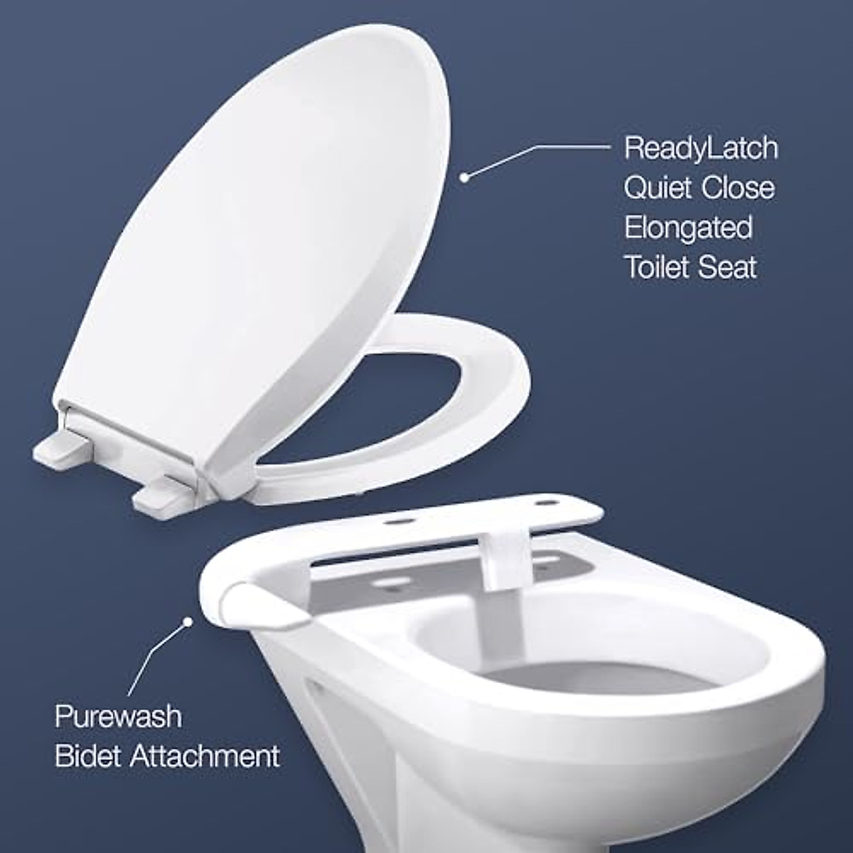 KOHLER 4636-RL-0 Cachet ReadyLatch Quiet Close Elongated Toilet Seat, White & Purewash Toilet Seat Attachment for Bidet functionality, 22860-0, White