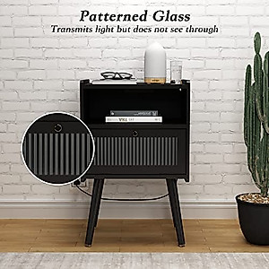 SOOWERY Mid Century Modern Nightstand with Charging Station, Bedside Tables with Glass Decorative Door, End Table Side Table with 2 Tiers Storage Space, for Bedroom, Living Room, Black