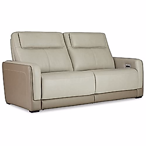 Signature Design by Ashley Battleville Contemporary Leather 2 Seat Power Reclining Sofa with Adjustable Headrest, Light Gray