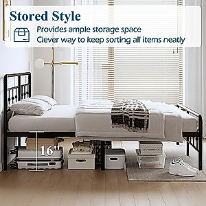 DiaOutro Classic Metal Platform Queen Bed Frame with Headboard and Footboard, 16 Inch No Box Spring Needed Heavy Duty Victorian Style Iron-Art Mattress Foundation/Under Bed Storage