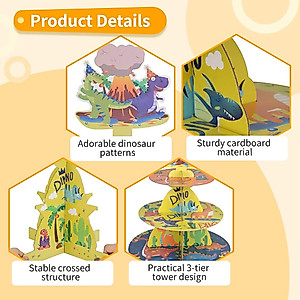 YHomU 3-Tier Dinosaur Cupcake Stand, Dinosaur Themed Birthday Party Decorations, Sturdy Cardboard Cake Holder, Round Dessert Display Tower, Stable Serving Stand for Weddings, Birthdays, Parties