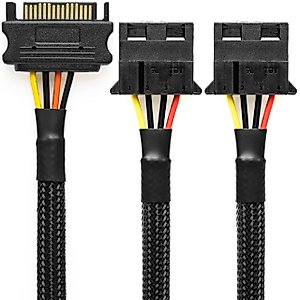 CRJ 15-Pin SATA to Dual 4-Pin Molex Power Adapter Cable - 12-inch (30cm), Black Sleeved - Power Two 4-Pin Peripheral Molex Devices with a 15-Pin SATA Power Supply Connection