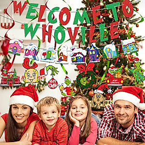 Welcome To Whoville Banner with Christmas Hanging Swirls Party Decorations, Red and Green Glitter Letter Banner Xmas Hanging Swirls Decorations Welcome Party Supplies Decorations