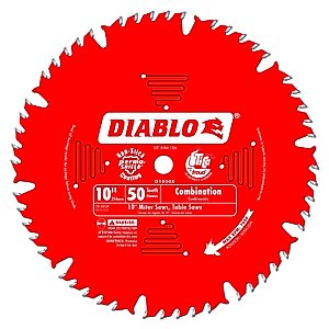 Diablo Combination Saw Blade for Wood - 10" Diameter, 50 ATB Teeth, 5/8" Arbor, .098" Kerf, 15° Hook Angle, .071" Plate, 6000 Max RPM - D1050X