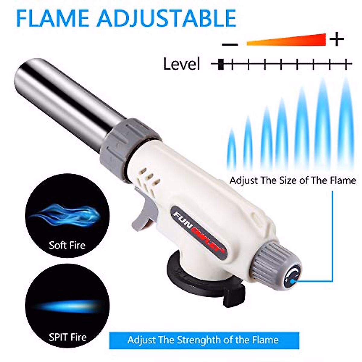 FunOwlet Butane Torch Lighter + Butane Torch Head, Culinary Torches Chef Cooking Professional Adjustable Flame with Reverse Use for Creme, Brulee, BBQ, Baking, Jewelry