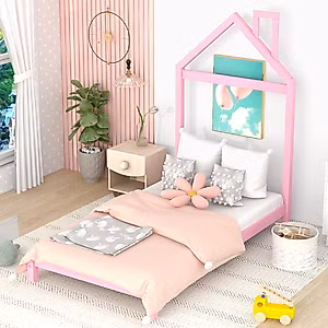 Twin Bed Frame/Kids Bed Frames with Headboard, Girls Bed Twin Size with House Shaped Headboard, Twin Size Bed for Kids, Twin Bed Frame Pink
