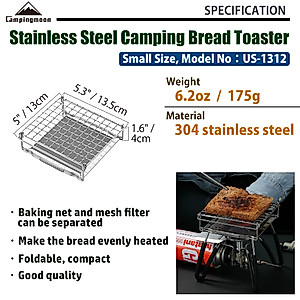 CAMPINGMOON Bread Toaster for Camping Stove Gas Fire 304 Stainless Steel Bread Toaster Small Size US-1312