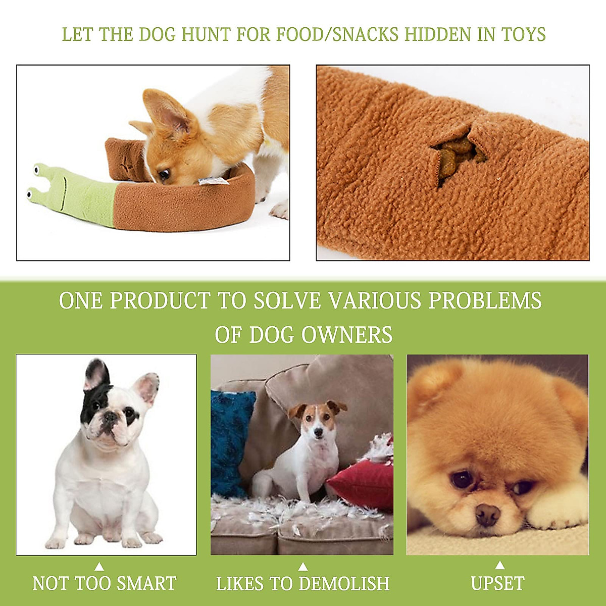 Andiker Dog Squeaky Toy, Dog Snuffle Toy with 3 Noisemakers Cute Snail Shape Dog Puzzle Toys IQ Training Treat Dispenser for Dog to Release Stress and Kill The Boring Time (Green)