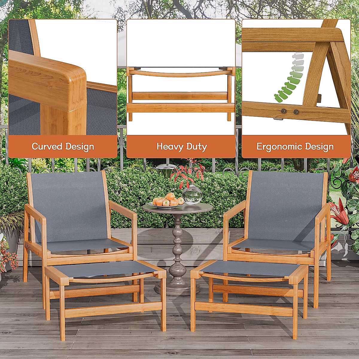 Greesum 4 Piece Furniture Outdoor Acacia Wood Chair with Ottoman for Porch, Balcony, Deck, Patio, Backyard, Gray