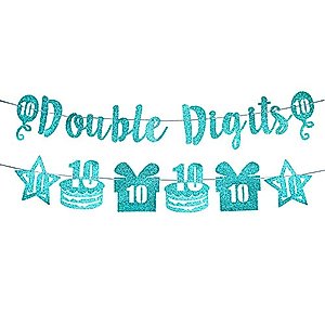 Excelloon Double Digits Banner 10th Birthday Decorations - Green Glitter Ten Years Old Birthday Banner Cake Gift Star Decorations - Happy 10 Year Old Birthday Party Supplies