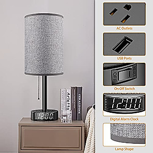 Gray Nightstand Light Lampshade 6ft Plug Extension Cord Dual USB Charging Port AC Outlet, Cylinder Desk Lamp Clock Charger Bedroom Home Dorm School Office Electric Adapter Socket Reading Work Study