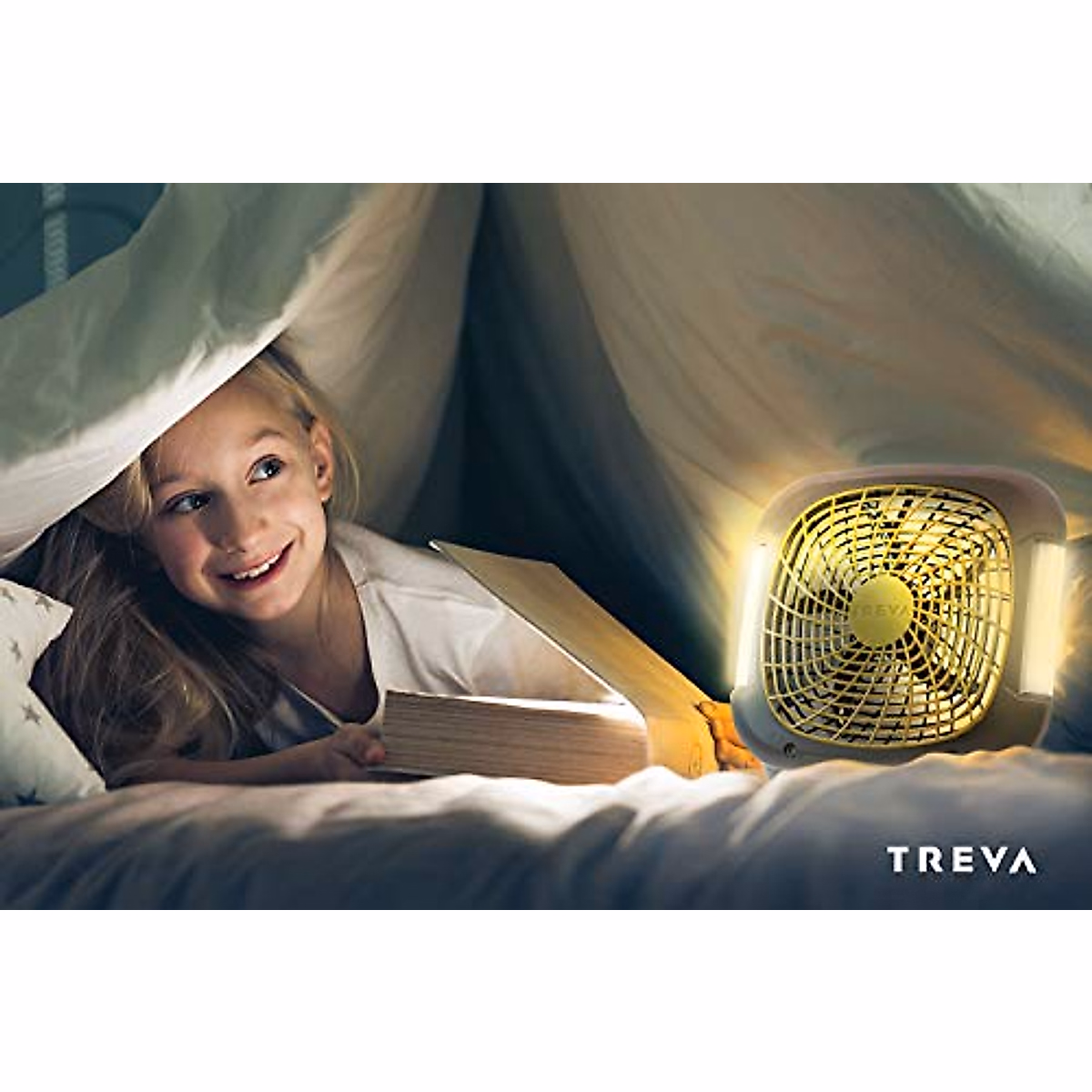 Treva 10-Inch Portable Desktop Air Circulation Battery Fan, 2 Speed, Compact Folding & Tilt Design Fan With Adjustable LED Lights