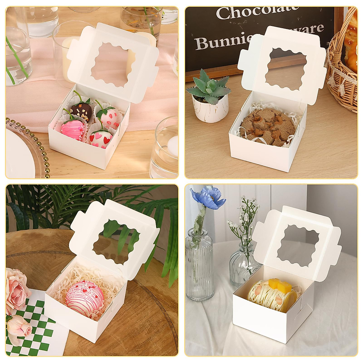 Moretoes 50pcs 4x4x2.5 Inches White Bakery Boxes with Window, Cookie Boxes, Mini Cake Boxes, Dessert, Pastry, Small Treat Boxes