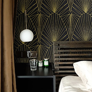 Yasinet Peel and Stick Wallpaper Black and Gold Wallpaper for Bathroom Removable Black Contact Paper Black Geometric Self Adhesive Wallpaper Decorative for Wall Cabinet 17.3”x118.7”