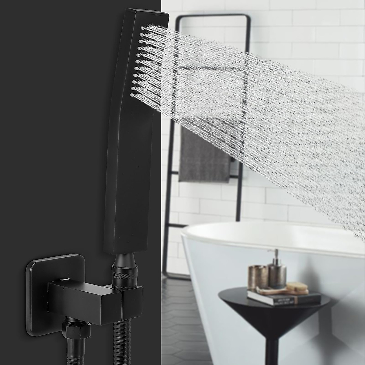 NearMoon Modern Square Style Brass Handheld Shower Head with 5ft Stainless Steel Hose, Matte Black, 2-Year Warranty