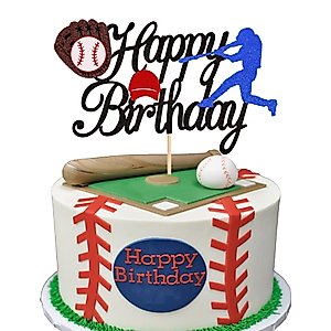 1 PCS BaseBall Happy Birthday Cake Topper Glitter Baseball Player Sports Theme Cake Pick Decorations for Baseball Theme Baby Shower Kids Birthday Party Cake Decorations Supplies