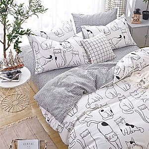 LAYENJOY Cats Duvet Cover Set Twin, 100% Cotton Bedding, Various Cartoon Cats Pattern Printed on White Reversible Black Plaid, Cute Animal Comforter Cover for Kids Teens Boys Girls, No Comforter