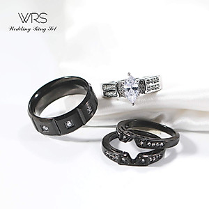 Two Rings His Hers Wedding Ring Sets Couples Matching Rings Women's 2pc Black Gold Plated White CZ Wedding Engagement Ring Bridal Sets Men's Titanium Band Wedding Band