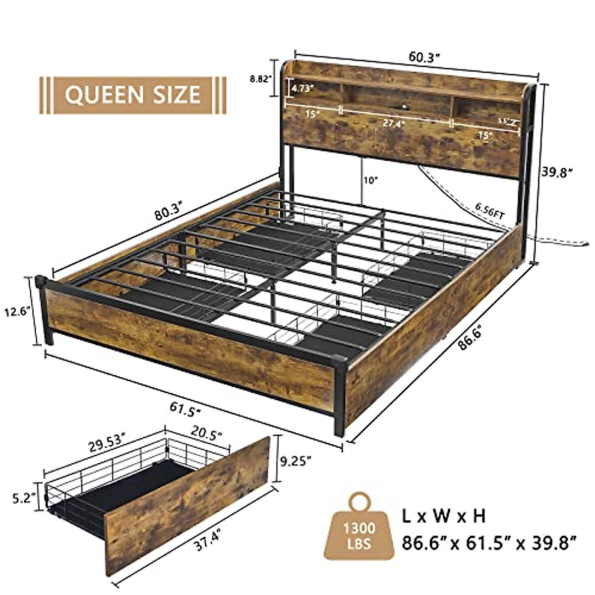 Alohappy Queen Bed Frame with LED Lights and Charging Station, Metal Platform Bed Frame with 2 -Tier Storage Headboard and Drawers, No Box Spring Needed, Easy Assembly, Noise Free