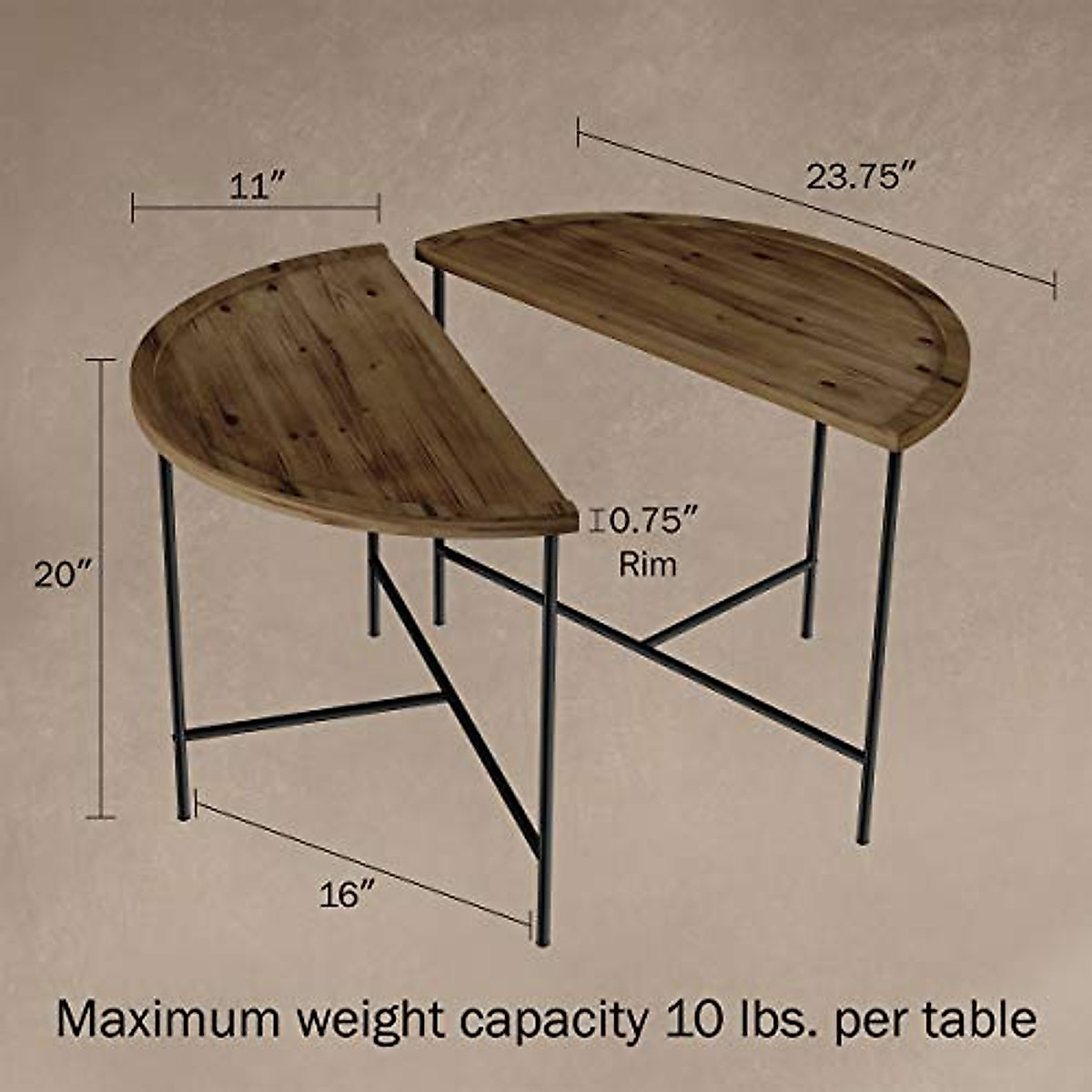 Lavish Home Half Moon Coffee Set of 2, Use Together or Separately as Side Tables, Modern Farmhouse Style, Rustic Wood Grain and Metal Legs, brown