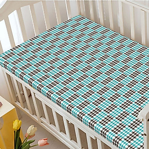 Plaid Themed Fitted Mini Crib Sheets,Portable Mini Crib Sheets Soft and Breathable Bed Sheets-Crib Mattress Sheet or Toddler Bed Sheet,24“ x38“,Dark Brown Seafoam White