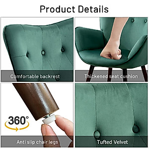 Velvet Accent Chair, Modern Wingback Vanity Chair Tufted Armchair Upholstered Tall Back Desk Chair with Arms Solid Wood Legs Lounge Leisure Chair for Living Room Bedroom Waiting Room (Dark Green)