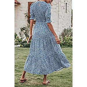 BTFBM Women Casual Summer Dresses 2023 Spring Crew Neck Ruffle Short Sleeve Floral Leopard Smocked Boho Flowy Maxi Dress(Floral Blue White, Medium)