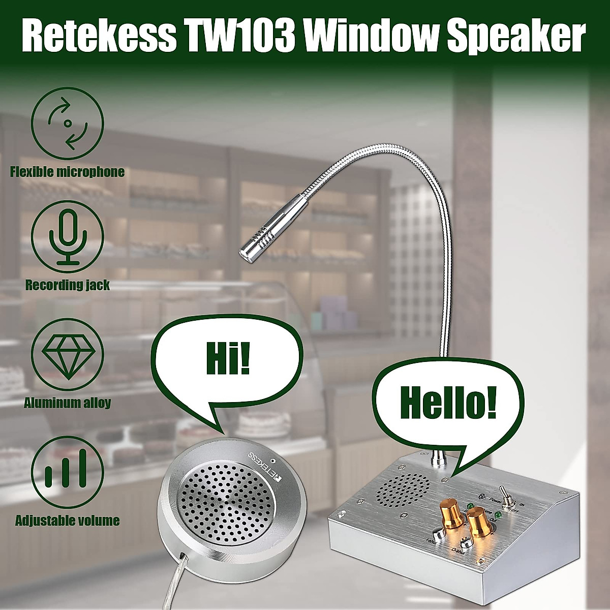 Retekess TW103 Window Speaker, Window Intercom,Independent Volume Control,Recording Function,for Travel Agency,Medical Center
