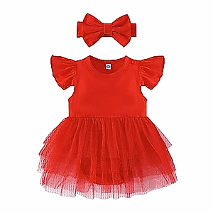 Infant Girl Tutu Dress Baby Girl Ruffle Romper Dress Toddler Girl Solid Color Skirts with Headband Summer Clothes (Red, 6-12 Months)