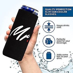 QualityPerfection Can Cooler Sleeves (2 Sets Regular + 2 Sets Slim) Insulated, Beer/Energy Drink Neoprene 4mm Thickness Thermocoolers for 12 oz Tall Skinny Beverage 4 Pack (Mr & Mrs