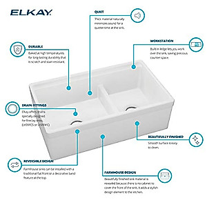 Elkay SWUF3320WH Fireclay 60/40 Double Bowl Farmhouse Sink with Aqua Divide, White