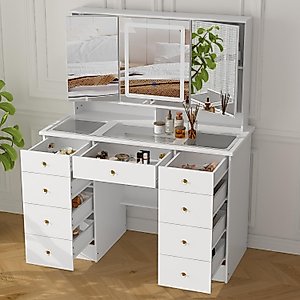 ROMSHINE White Vanity Desk with Trifold Mirrors & LED Light, Large Makeup Vanity with Glass Top, 9 Drawers & Shelves, Modern Vanity Desk with Mirrored Doors in 3 Colors, Thickened Tabletop, White