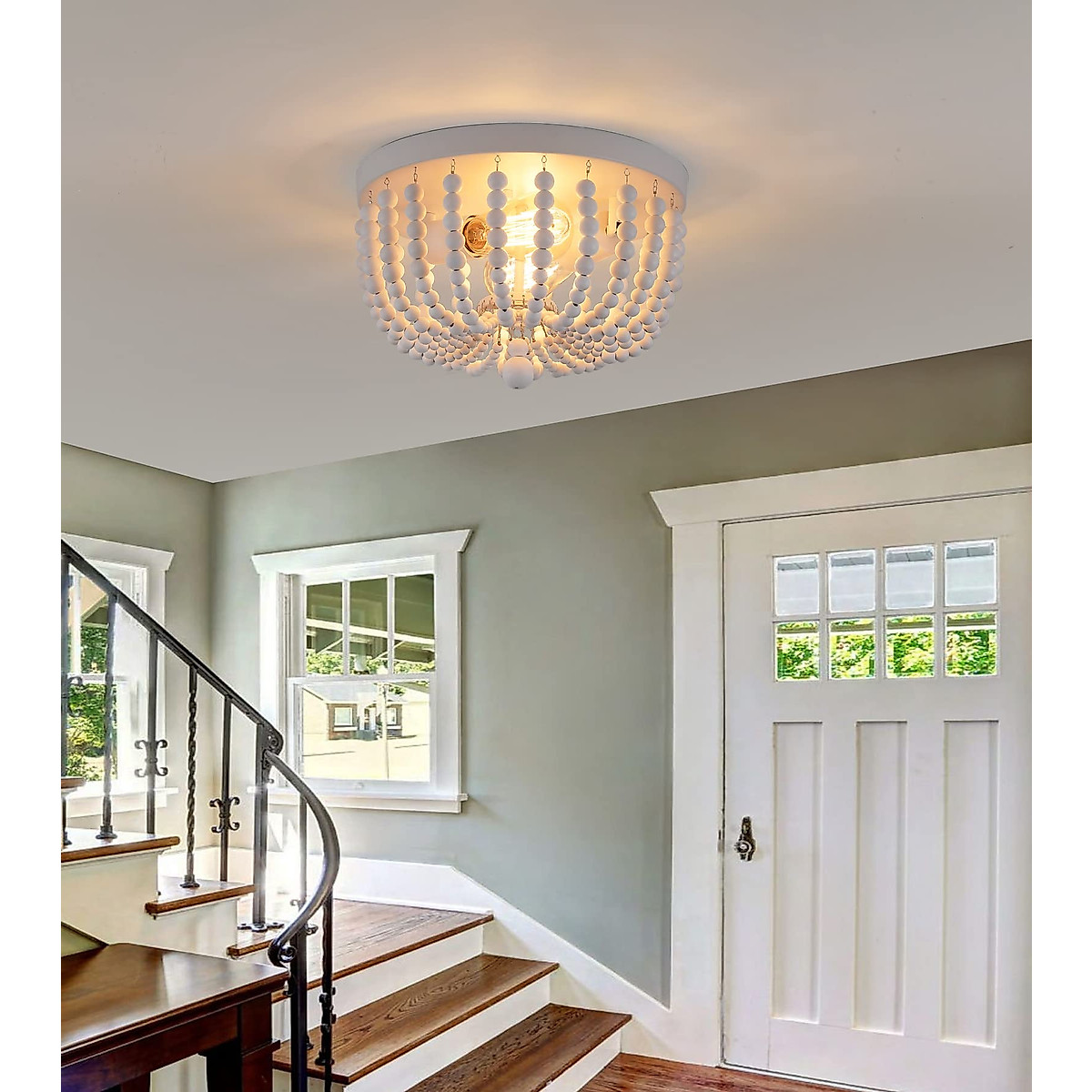 Q&S White Flush Mount Ceiling Light Fixtures,2-Lights Wood Beaded Boho Chandeliers for Nursery Baby Bedroom Dining Room Living Room Kitchen Hallway W11.81