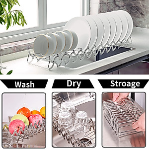 YYP Small Dish Drying Rack Expandable Dish Drying Rack Over The Sink, Plate Organizer for Cabinet or Countertop, Premium 304 Stainless Steel, Rustproof, for Kitchen, Small Space, RV