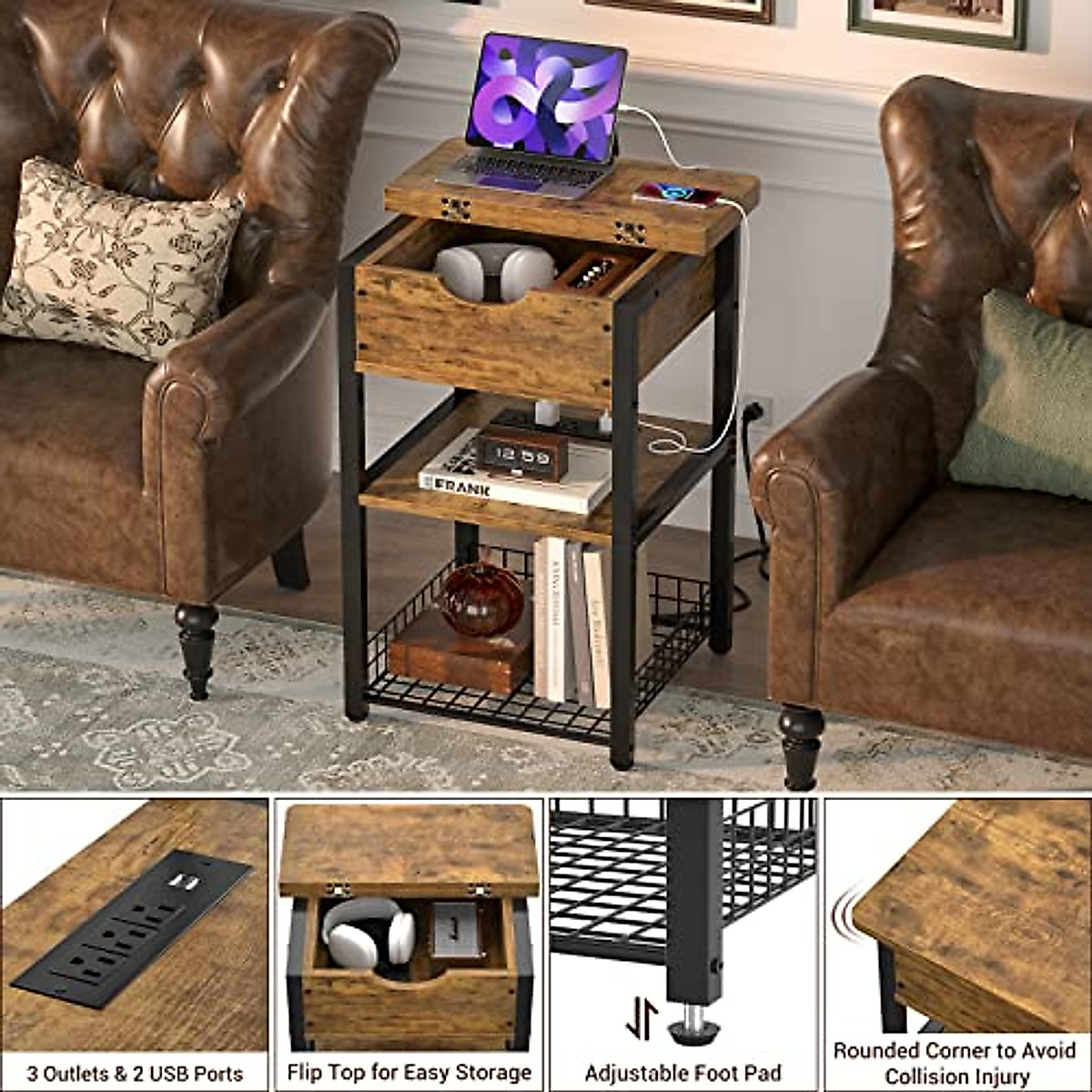 Cyclysio Nightstand Set of 2 with Charging Station, End Table Side Table with USB Ports and Outlets, Flip Top Night Stands with Shelves, Slim Bedside Sofa Table for Living Room, Bedroom, Rustic Brown