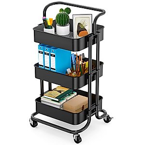 Totnz Rolling Utility Cart, 3-Tier Mesh Organization Cart with Lockable Wheels, Multi-Functional Storage Trolley for Office, Living Room, Kitchen, Laundry, Bathroom Storage, Black (TZUC01B)