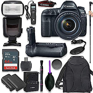 Canon EOS 5D Mark IV Full Frame Digital SLR Camera with EF 24-105mm f/4L is II USM Lens with Pro Camera Battery Grip, Professional TTL Flash, Deluxe Backpack, Spare LP-E6 Battery (17 Items) (Renewed)